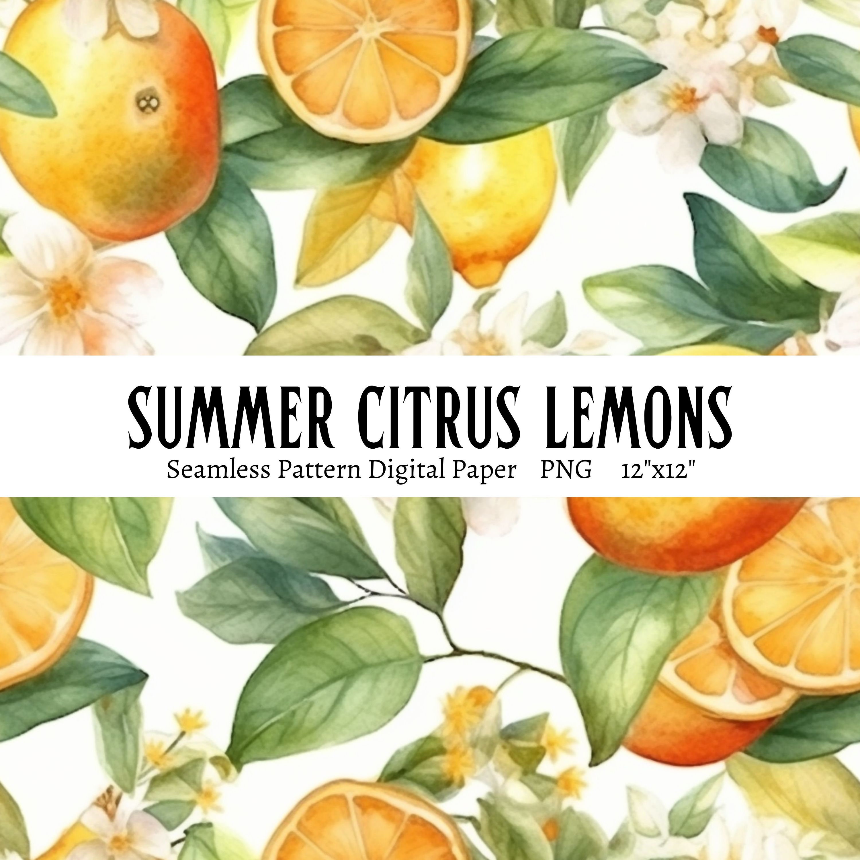 Watercolor Summer Lemon Digital Paper, Citrus Fruit Patterns Bundle ...