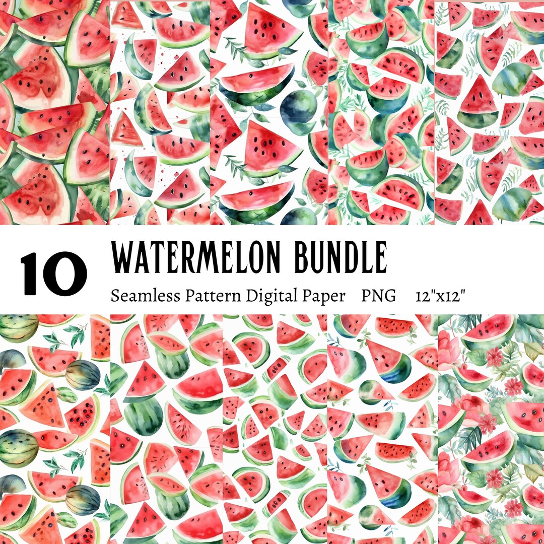 Watercolor Summer Watermelon Digital Paper, Fruit Pattern Bundle ...