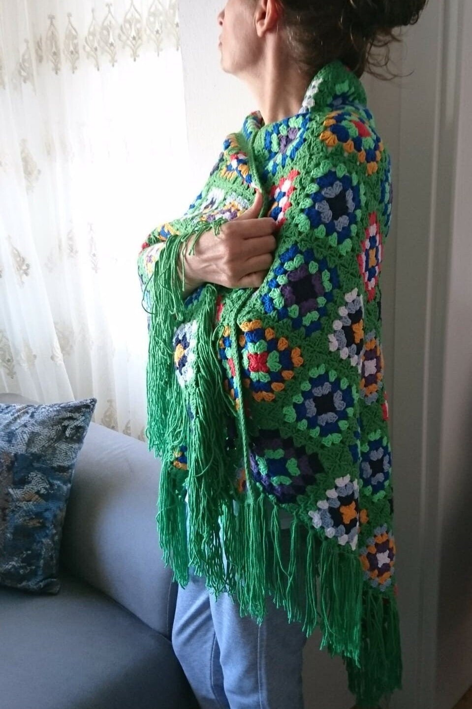 Green Color Crochet Shawl, Grannysquare Shawl, Colorful Lace Shawl ...