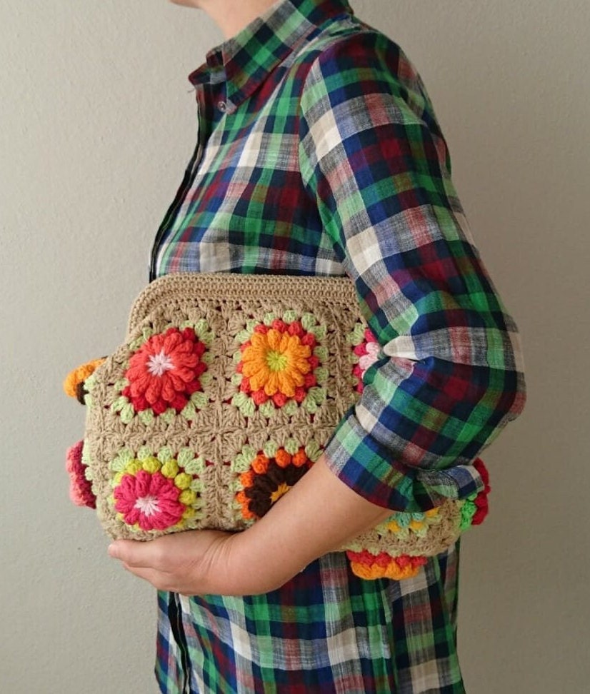Colorful Granny Square Crochet Clasp Clutch and Crossbody Bag, 2 in 1 ...