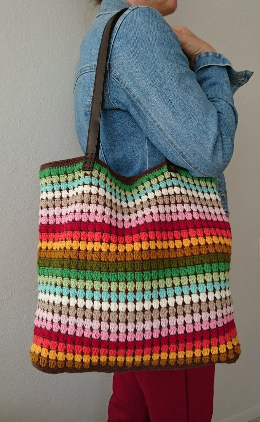 Brown, Colorful Granny Crochet Tote Bag With Leather Top Handles in Vintage Style, Chic Daily ...