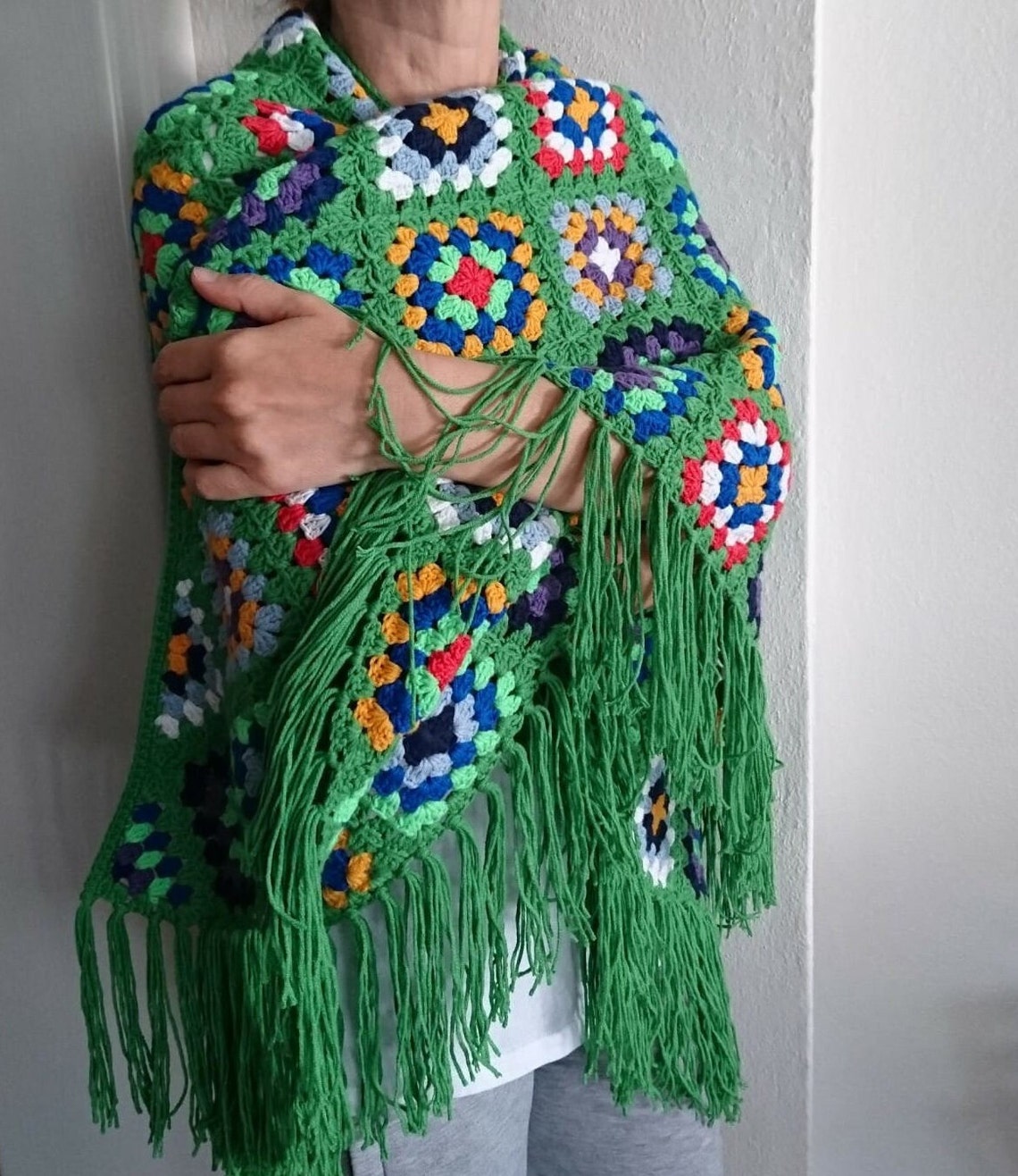 Green Color Crochet Shawl, Grannysquare Shawl, Colorful Lace Shawl ...