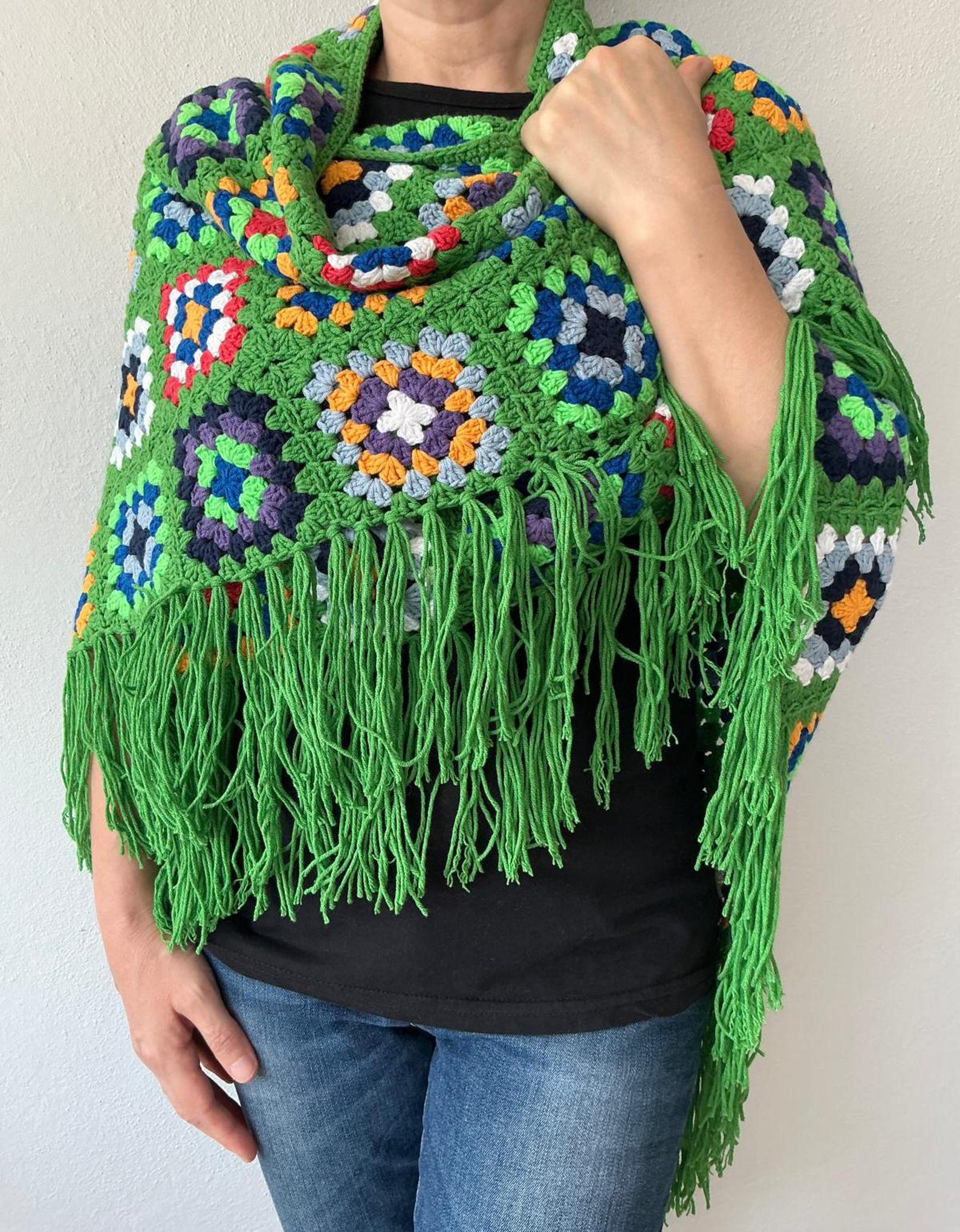 Green Color Crochet Shawl, Grannysquare Shawl, Colorful Lace Shawl ...