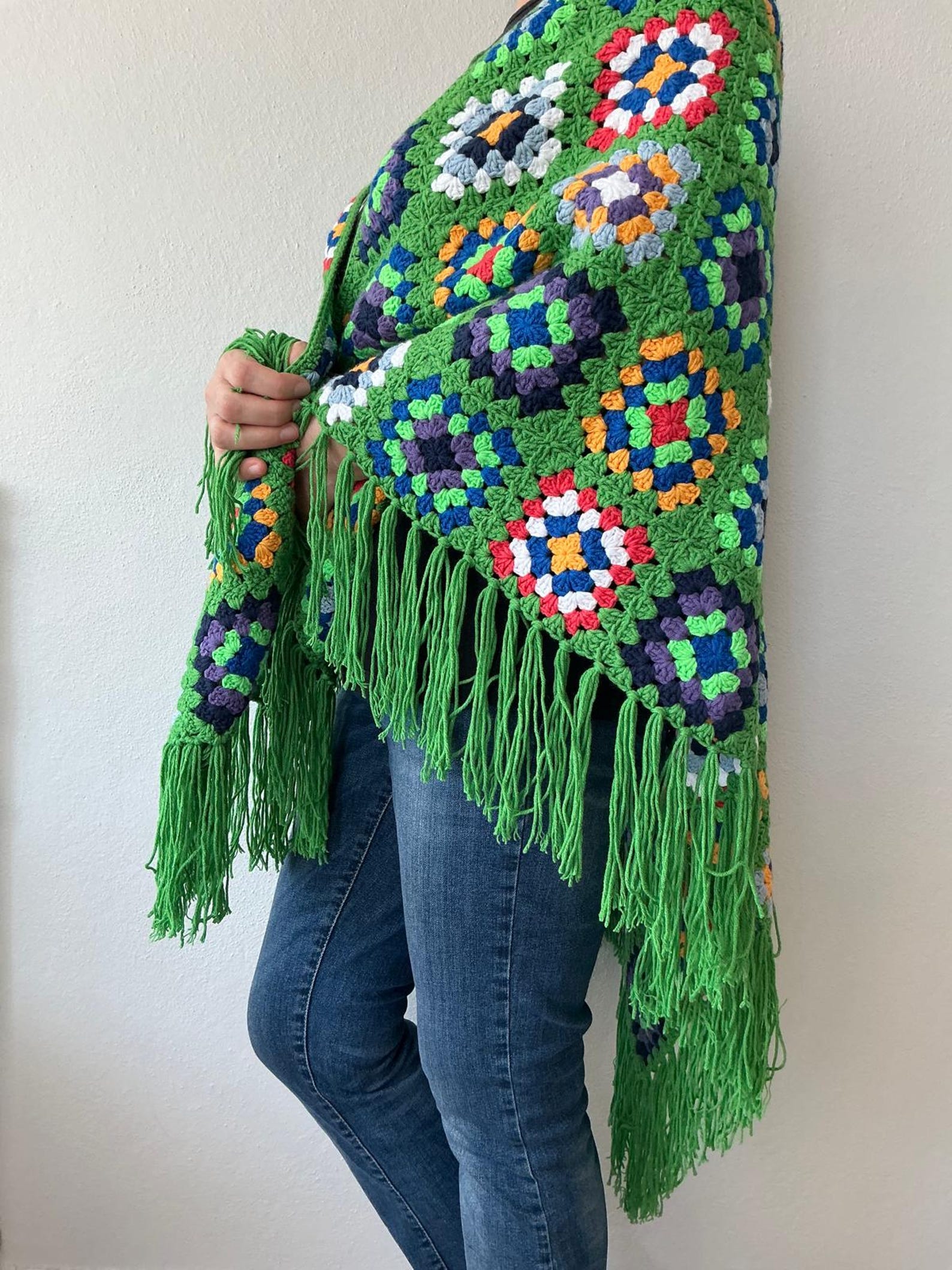 Green Color Crochet Shawl, Grannysquare Shawl, Colorful Lace Shawl ...