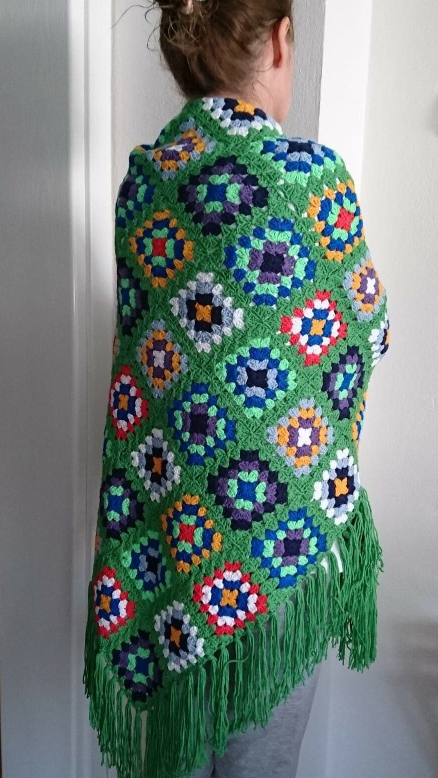 Green Color Crochet Shawl, Grannysquare Shawl, Colorful Lace Shawl ...