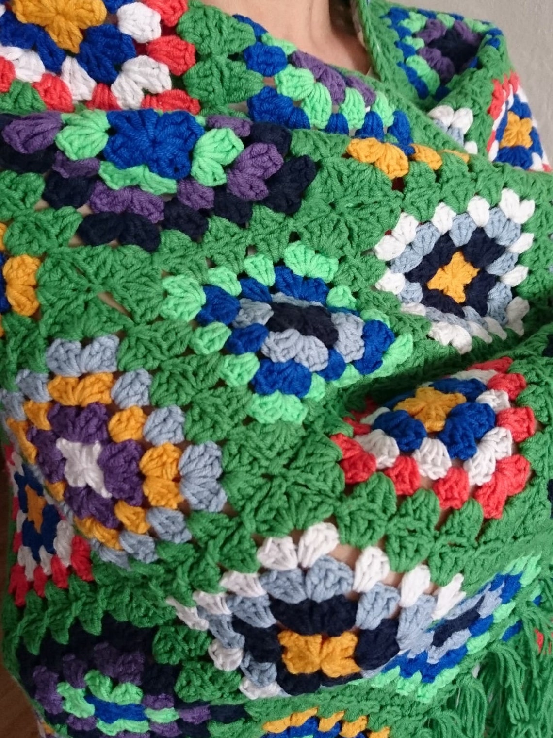 Green Color Crochet Shawl, Grannysquare Shawl, Colorful Lace Shawl ...