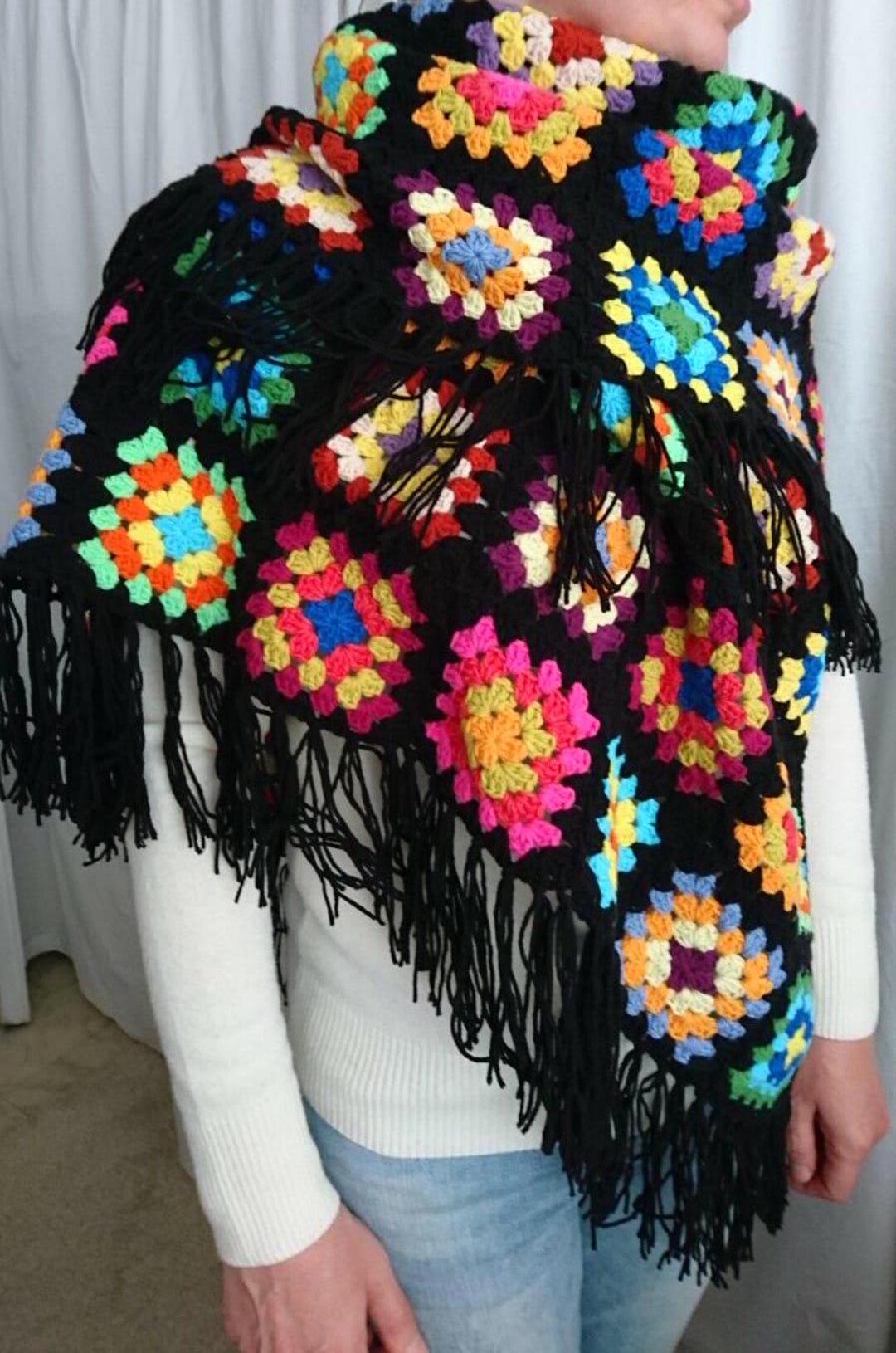 Black Color Crochet Shawl, Grannysquare Shawl, Colorful Lace Shawl ...
