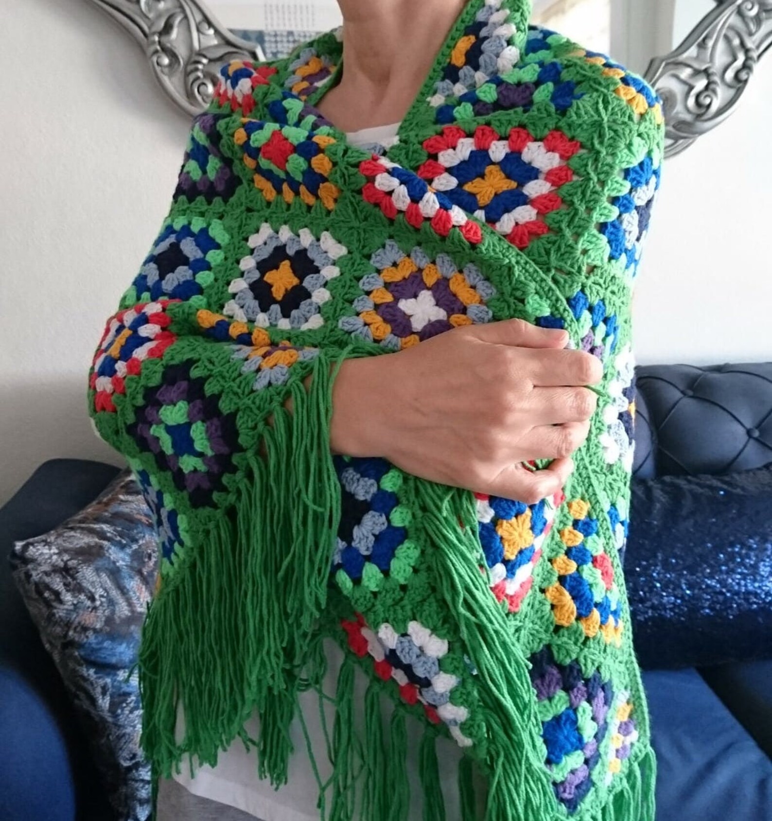 Green Color Crochet Shawl, Grannysquare Shawl, Colorful Lace Shawl ...