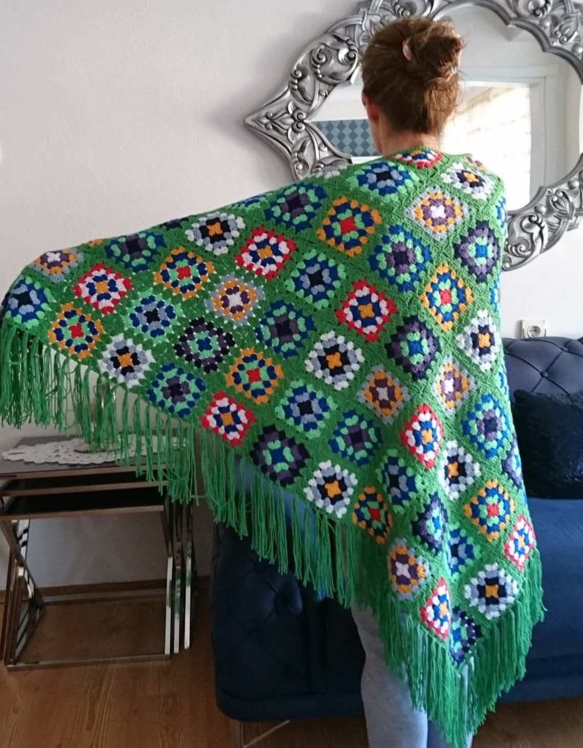 Green Color Crochet Shawl, Grannysquare Shawl, Colorful Lace Shawl ...