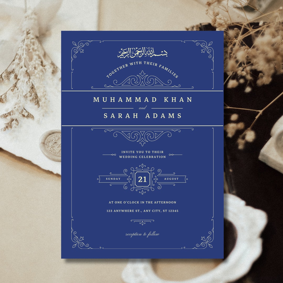 Vintage Royal Blue Editable Digital Muslim Wedding, Nikkah, Walimah ...