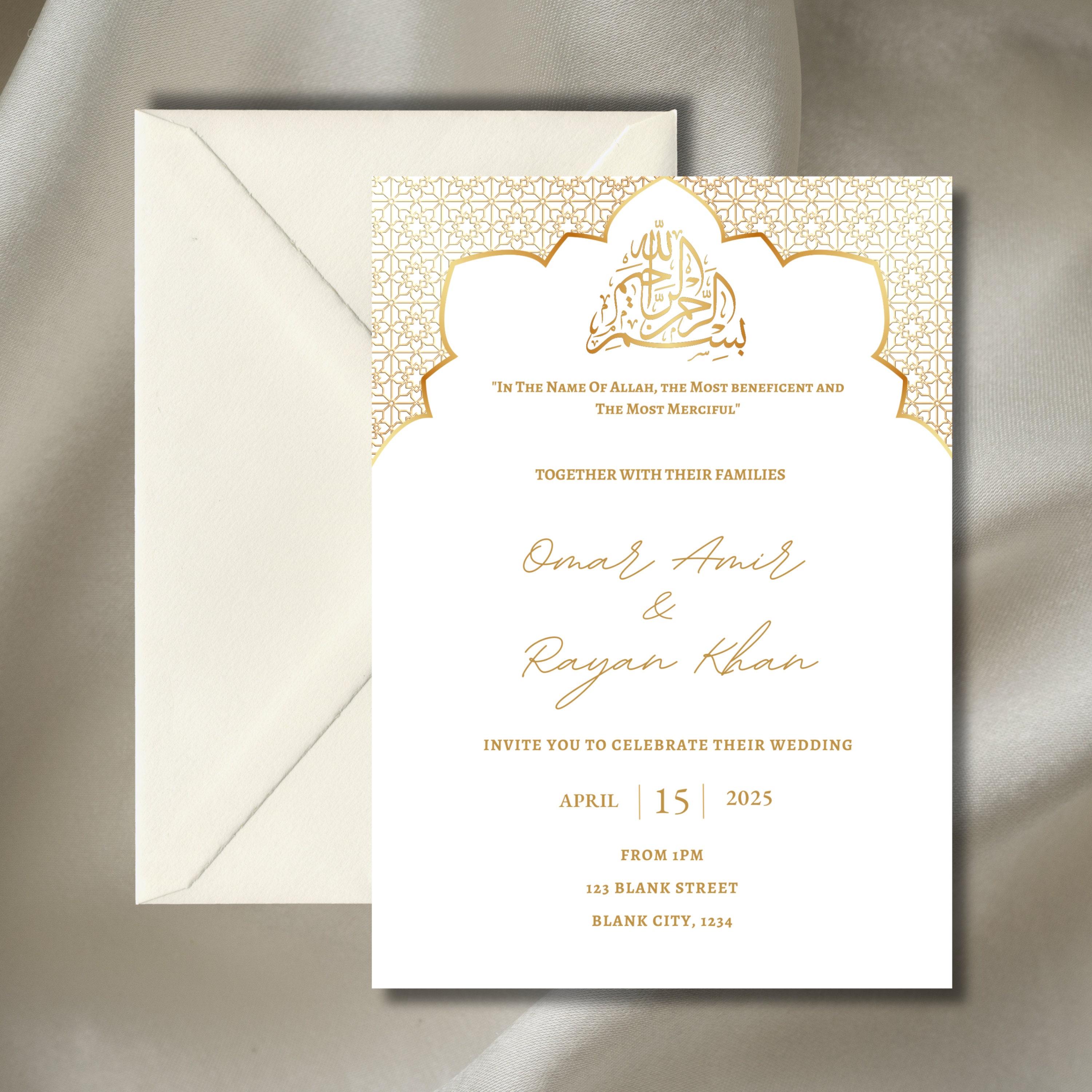 Islamic White and Gold Wedding/nikkah Invitation, Muslim Wedding Invite ...
