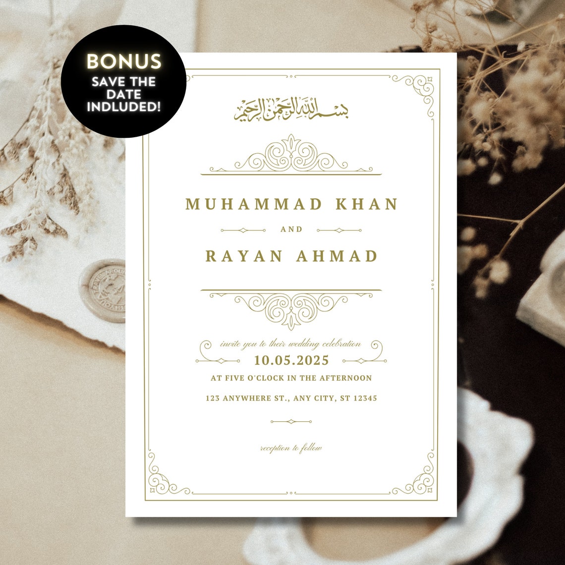 Vintage White and Gold Editable Digital Muslim Wedding, Nikkah, Walimah ...