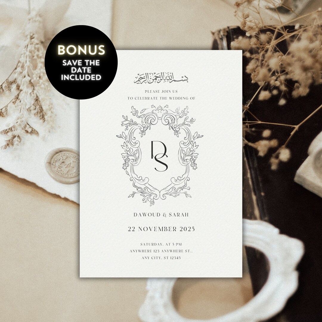Vintage Editable Digital Muslim Wedding, Nikkah, Walimah Invitation ...