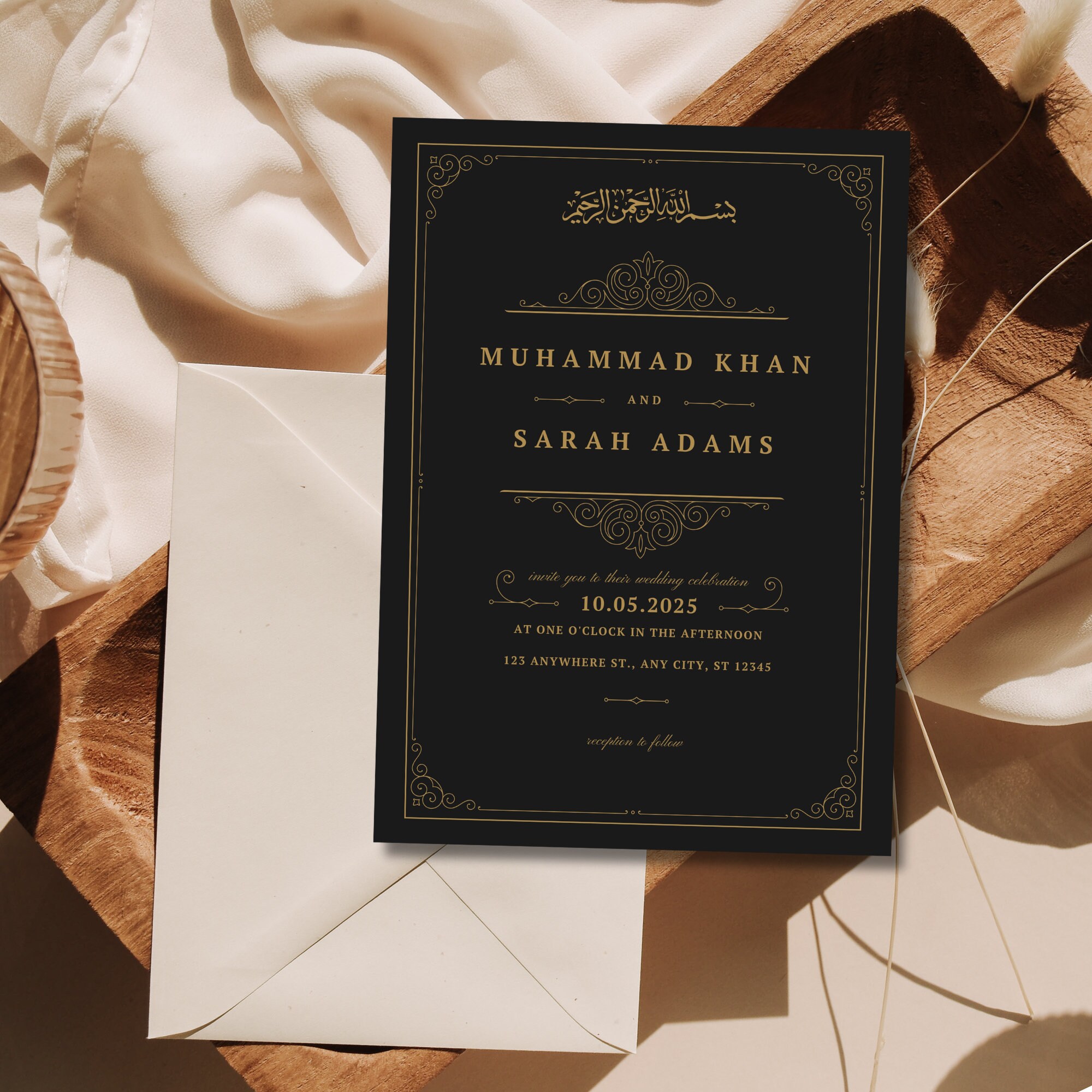 Vintage Black and Gold Editable Digital Muslim Wedding, Nikkah, Walimah ...