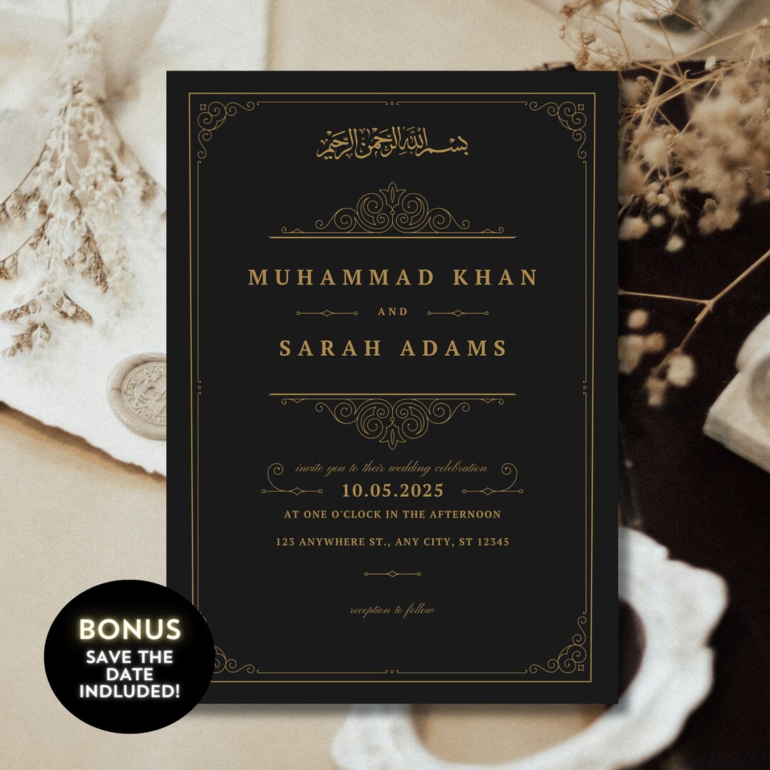 Vintage Black and Gold Editable Digital Muslim Wedding, Nikkah, Walimah ...