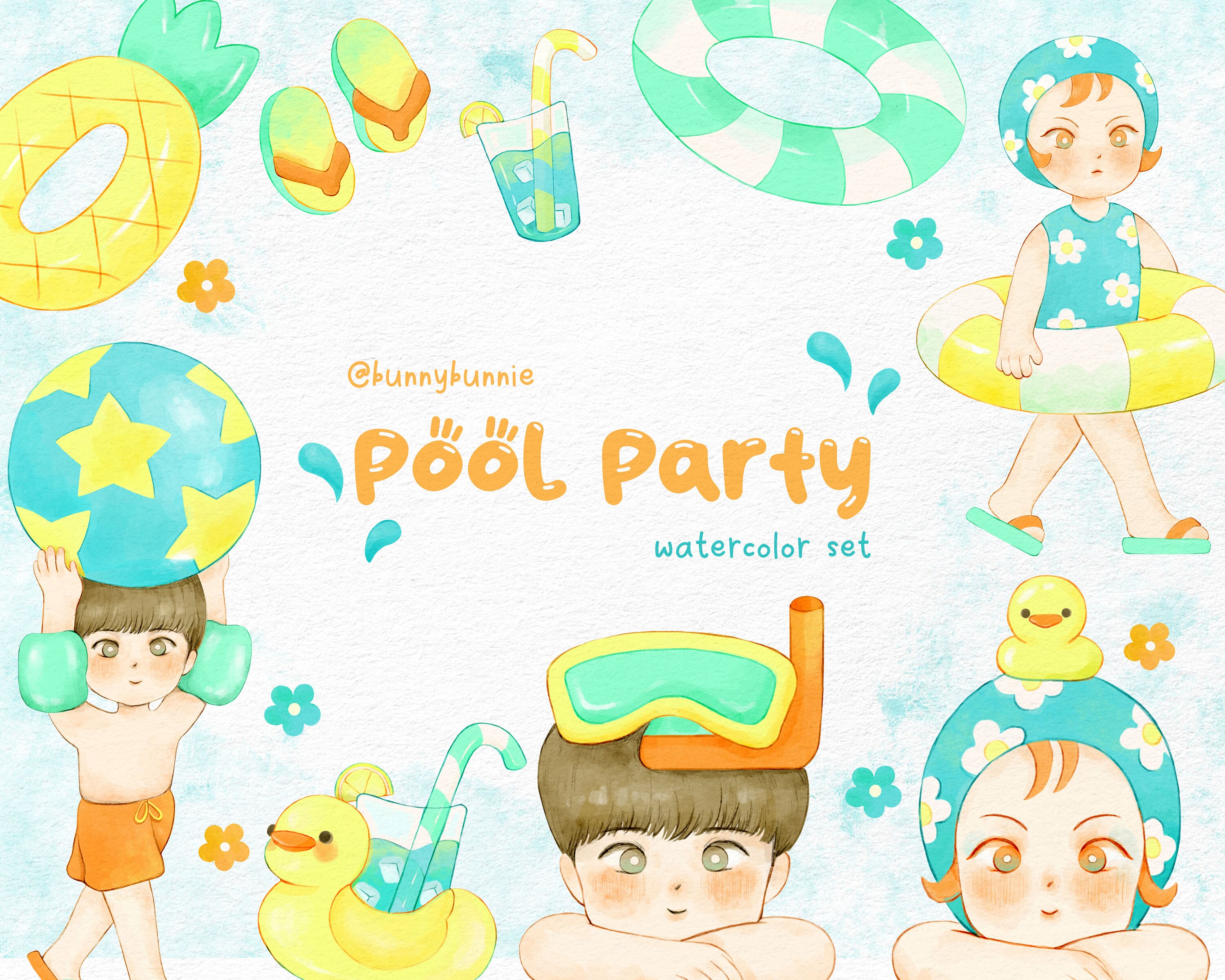 Pool Party Watercolor Clipart Digital Download, Hand Painted Clipart ...
