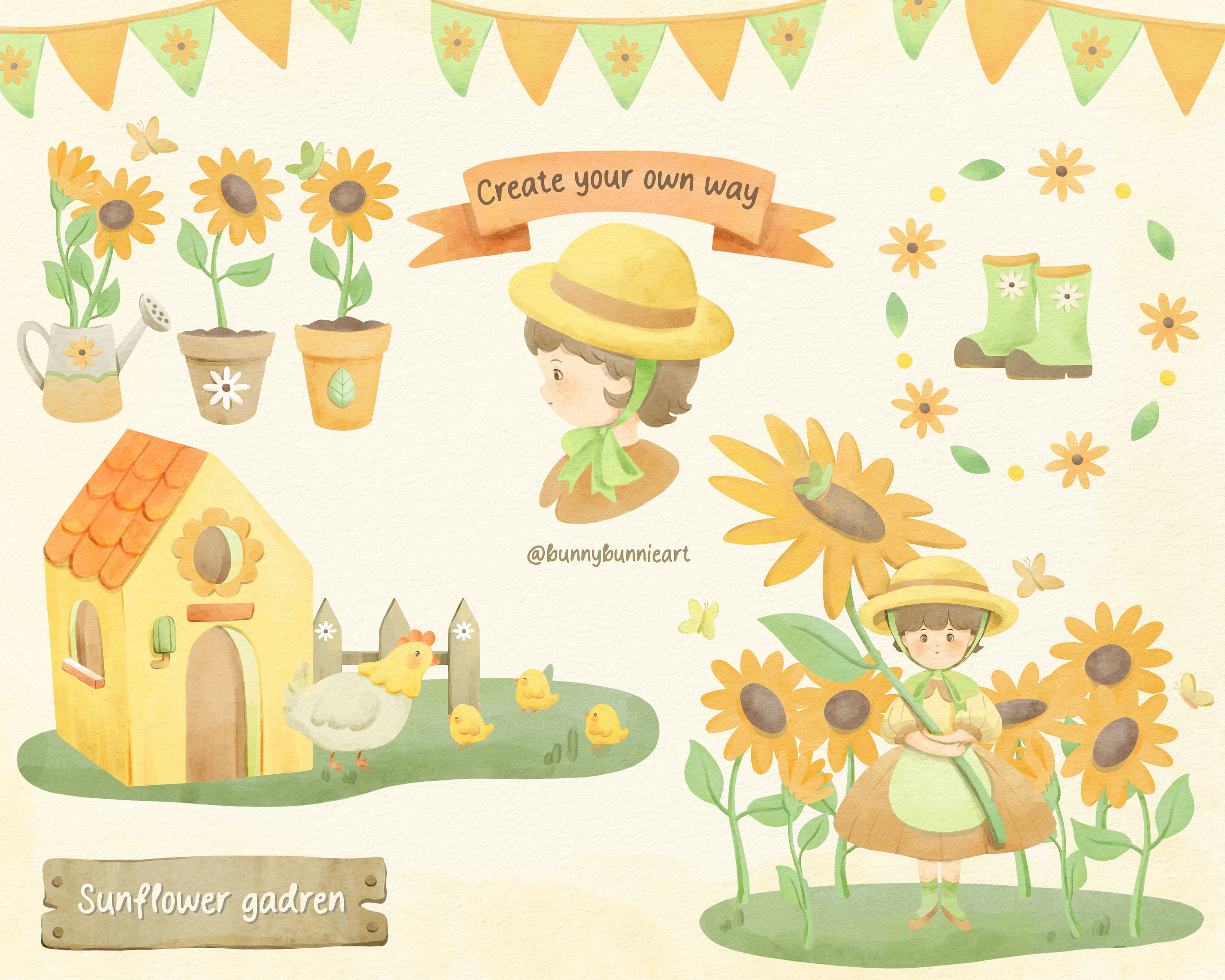Sunflower Watercolor Clipart, Garden Clipart, Animals Clipart, Nursery ...