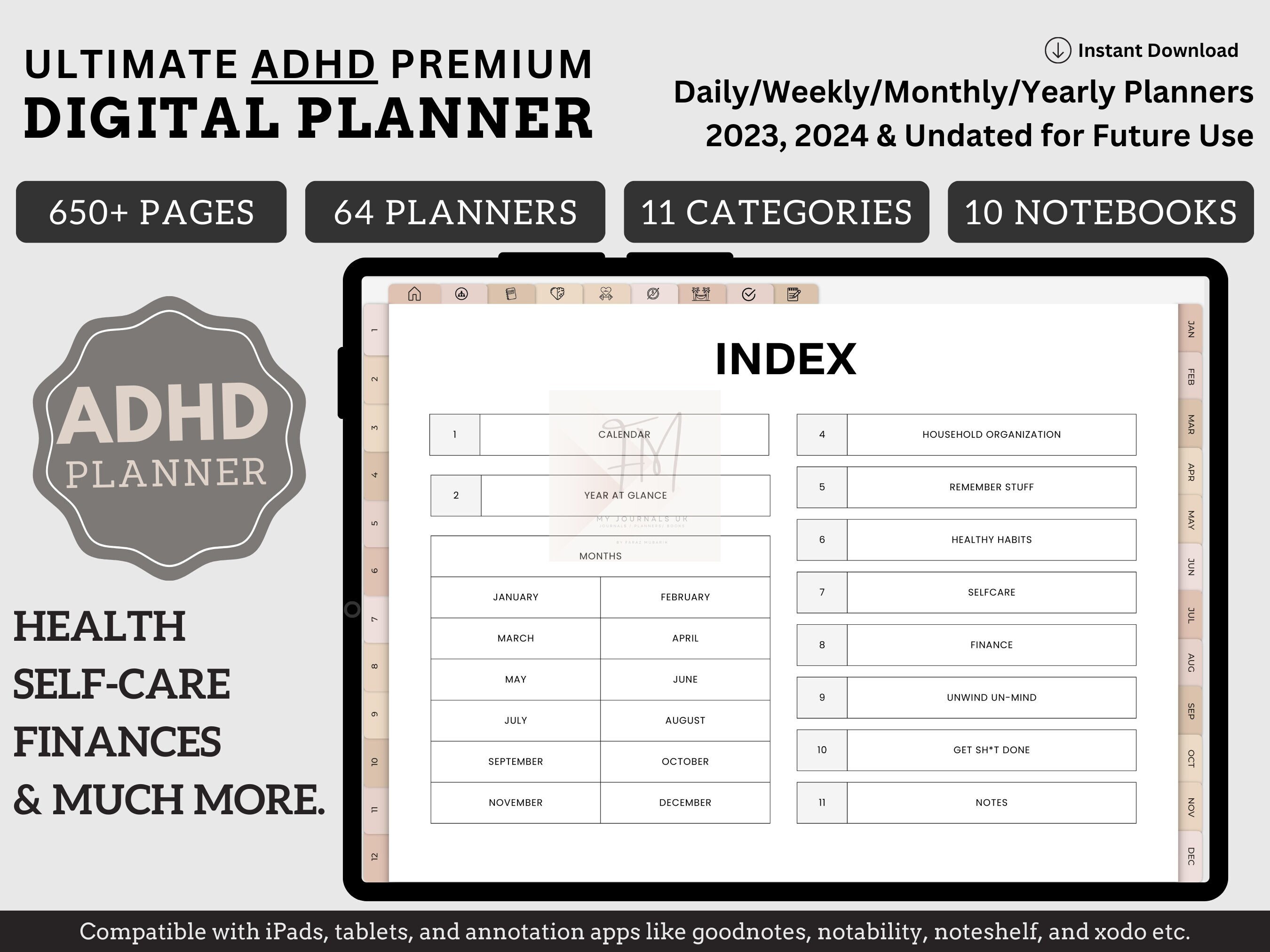 ADHD Digital Planner Adults 2024 Goodnotes Hyperlinked Daily Monthly ...
