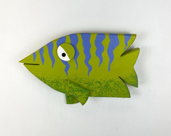 Whimsical Wooden Lime Green Fish With Blue Stripes Hand-carved Hand ...