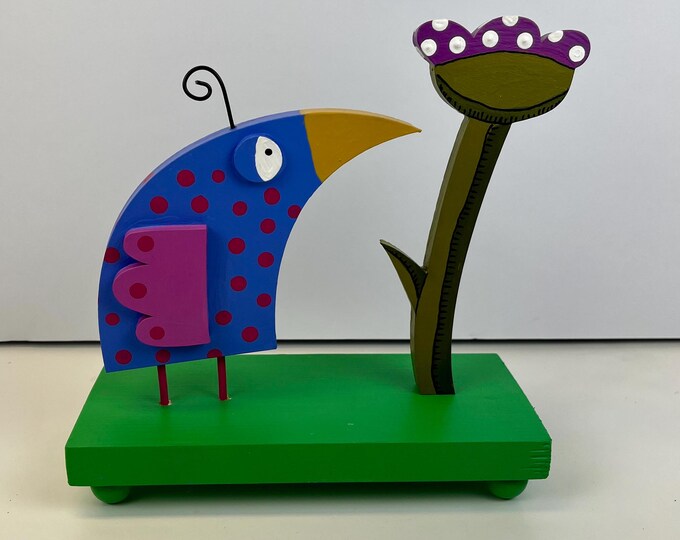 Bird With Flower Sculpture on Display Stand Wooden Hand-painted ...