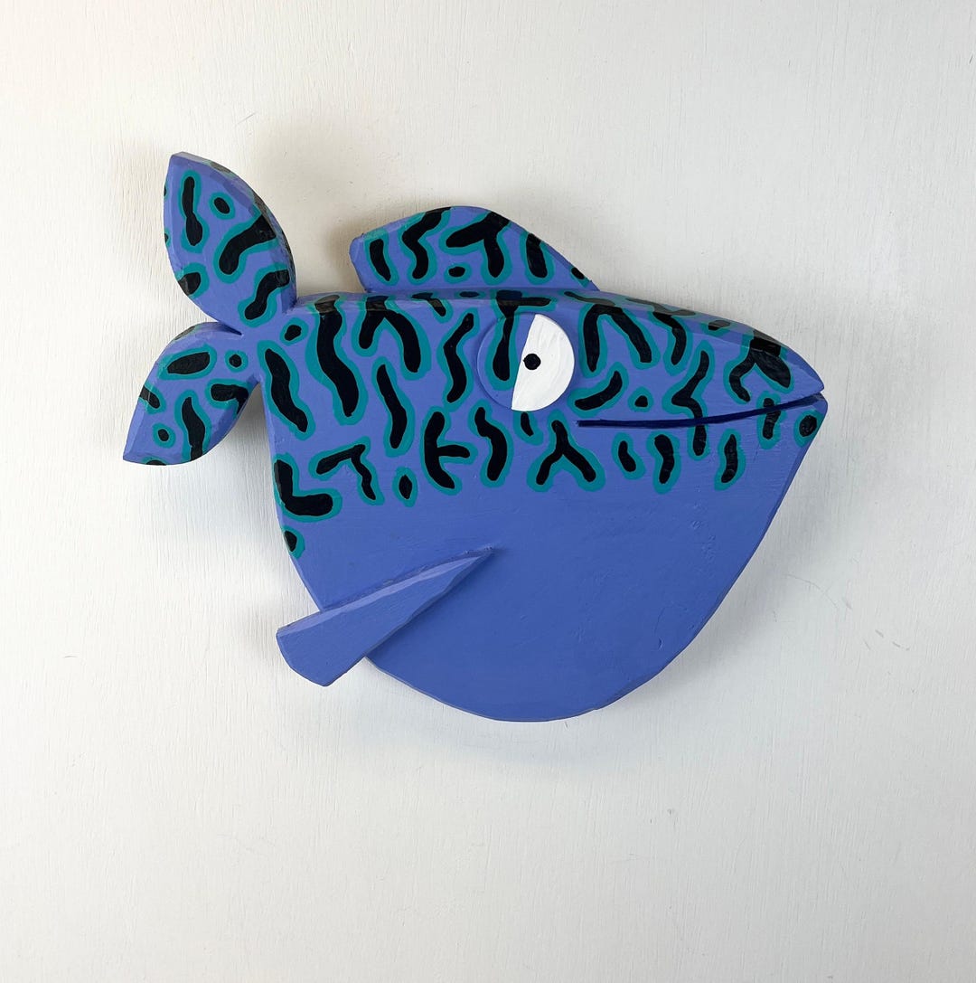 Colorful Wooden Periwinkle Blue Fish With Green & Black Detail Hand ...