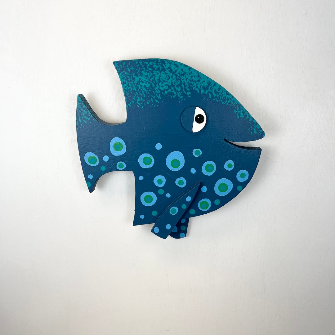 Whimsical Large Blue Fish With Light Blue Dots Hand-carved Hand-painted ...