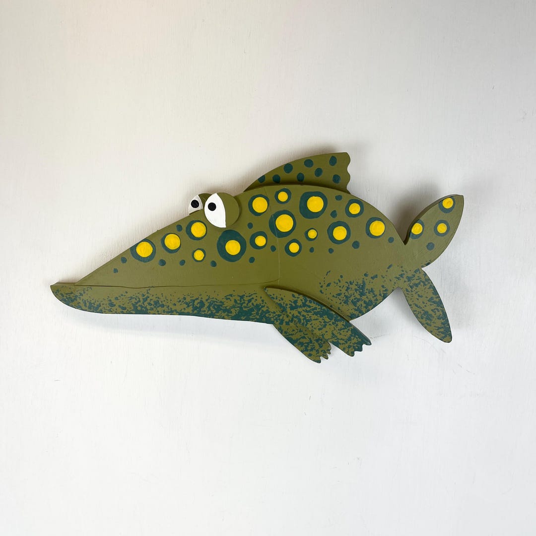 Funky Wooden Olive Green Fish Yellow Dots Hand-painted Original ...