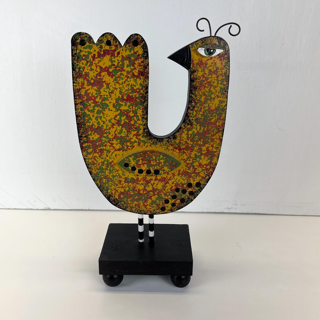 Contemporary Modern Folk Art Wooden Gold Green Red Bird Hand-painted ...