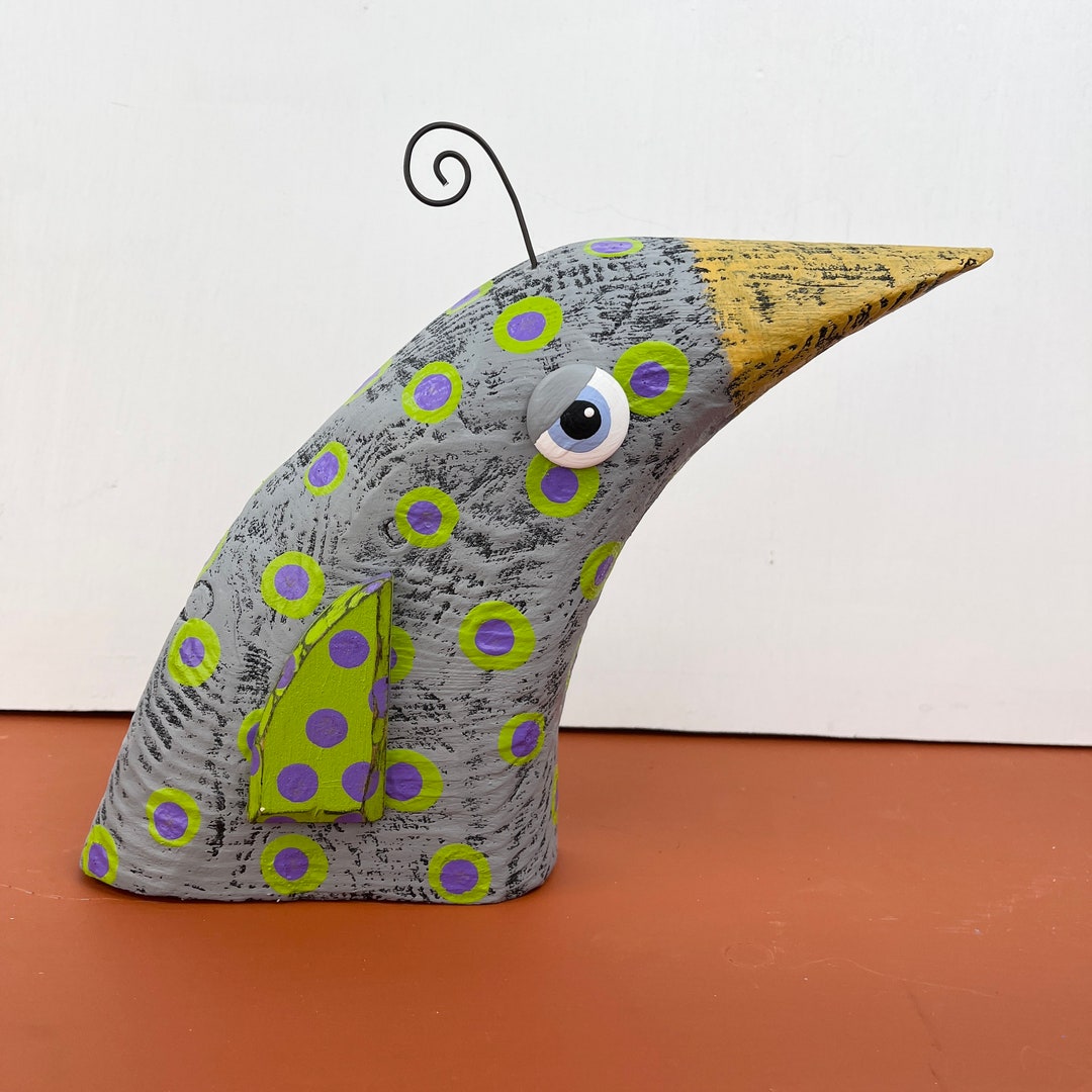 Funky Wooden Gray Bird With Whimsical Green & Purple Polka Dots Hand ...