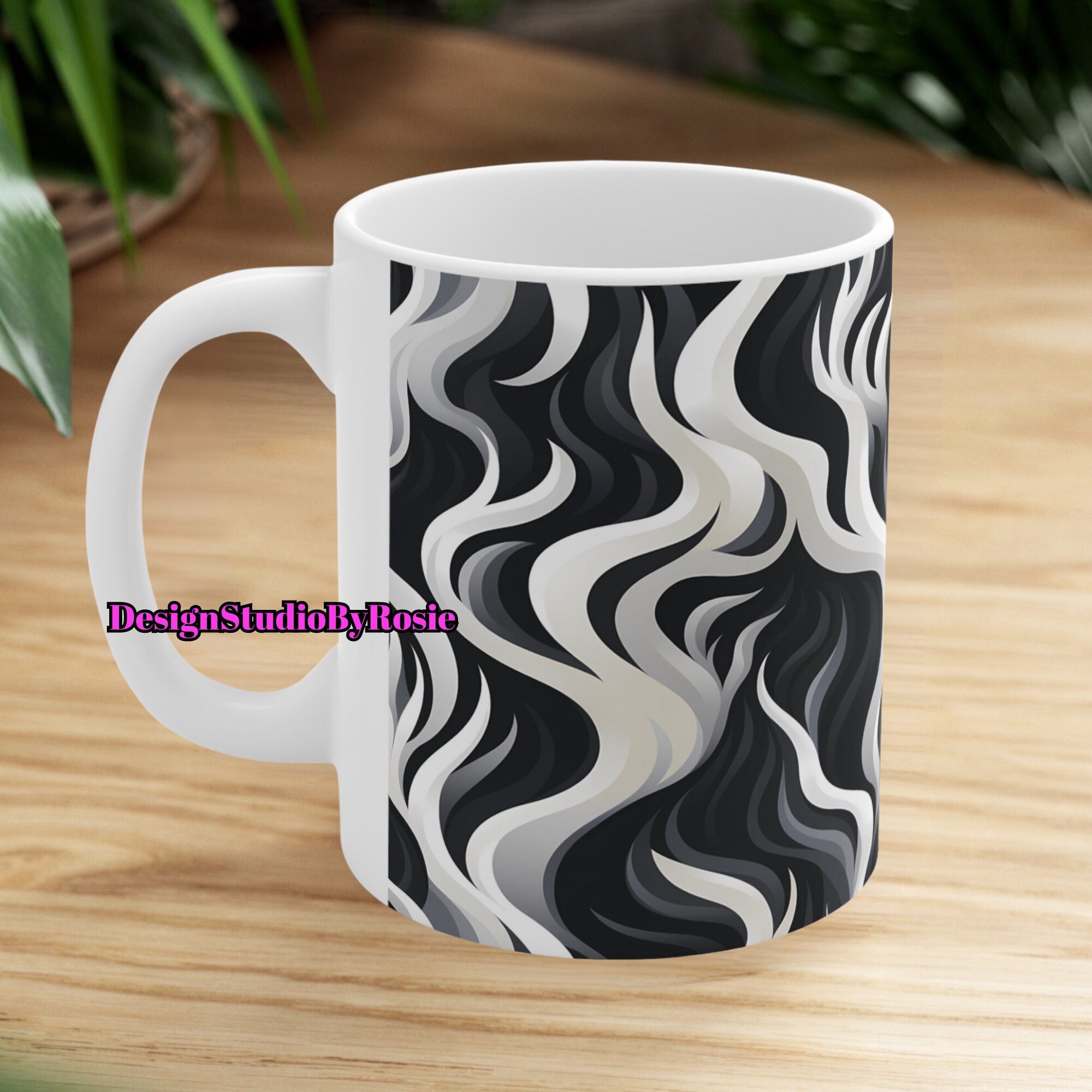 Black and White Wave Swirl Mug Design, 11oz 15oz Mug Wrap Template ...