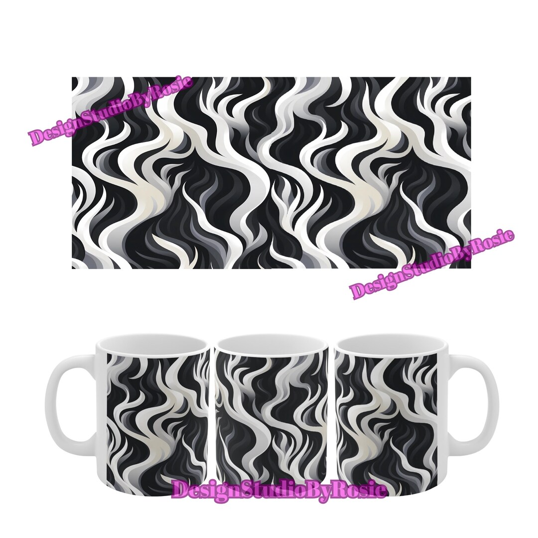 Black and White Wave Swirl Mug Design, 11oz 15oz Mug Wrap Template ...