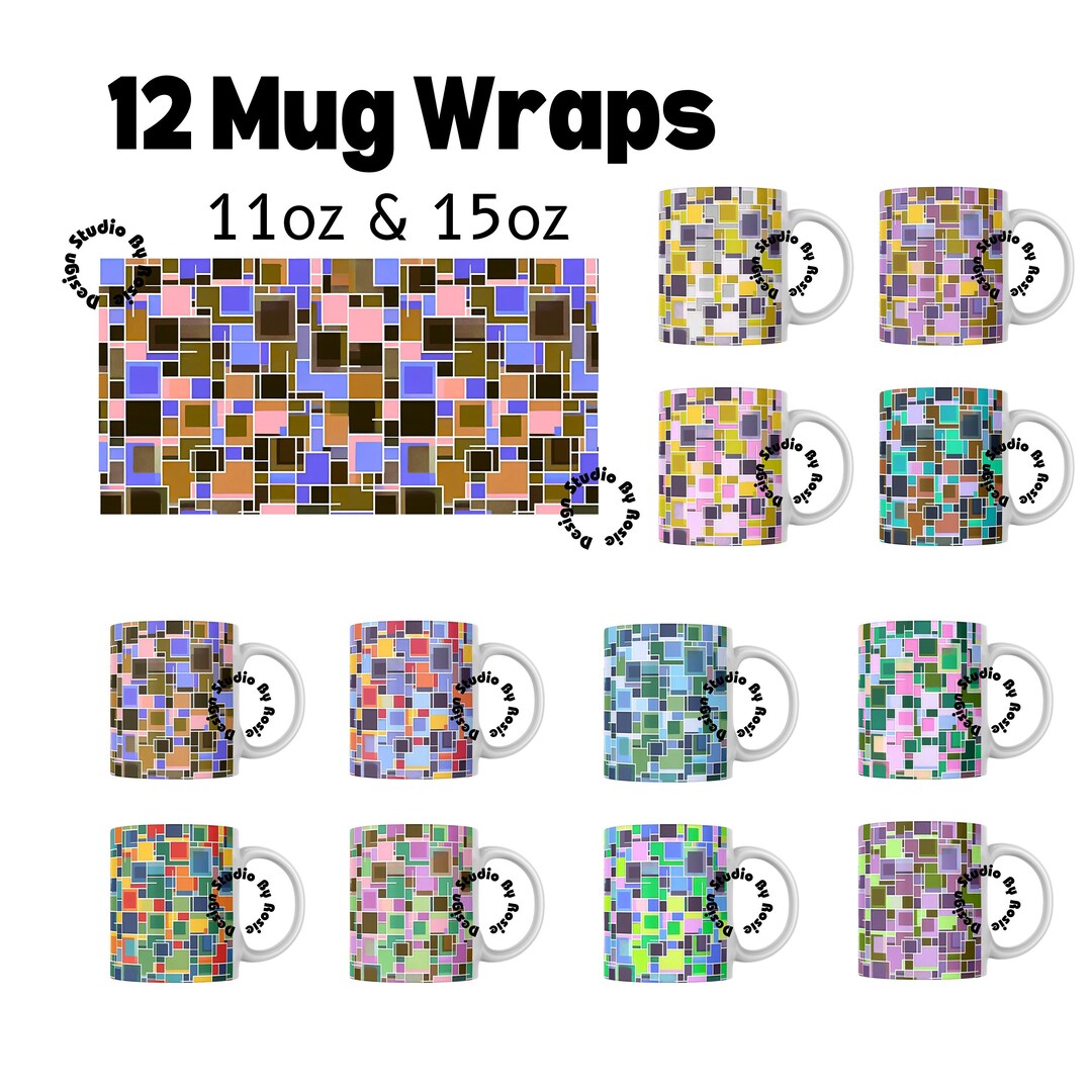 12 Mug Wrap Retro 60s 70s Grid Square Rectangle Tile Mosaic Design ...