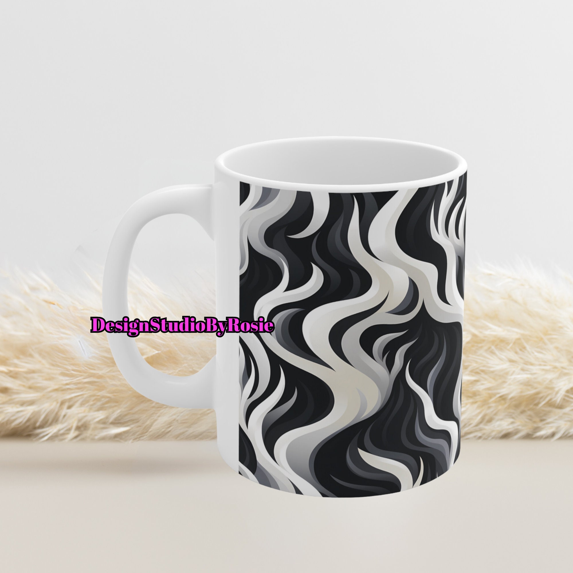 Black and White Wave Swirl Mug Design, 11oz 15oz Mug Wrap Template ...
