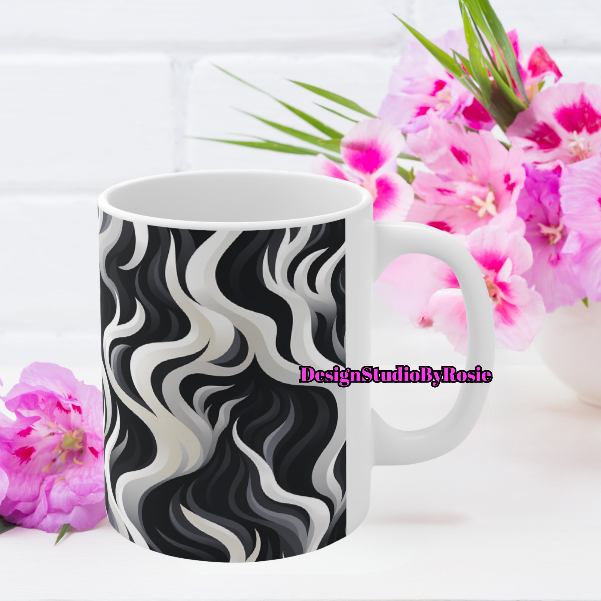 Black and White Wave Swirl Mug Design, 11oz 15oz Mug Wrap Template ...