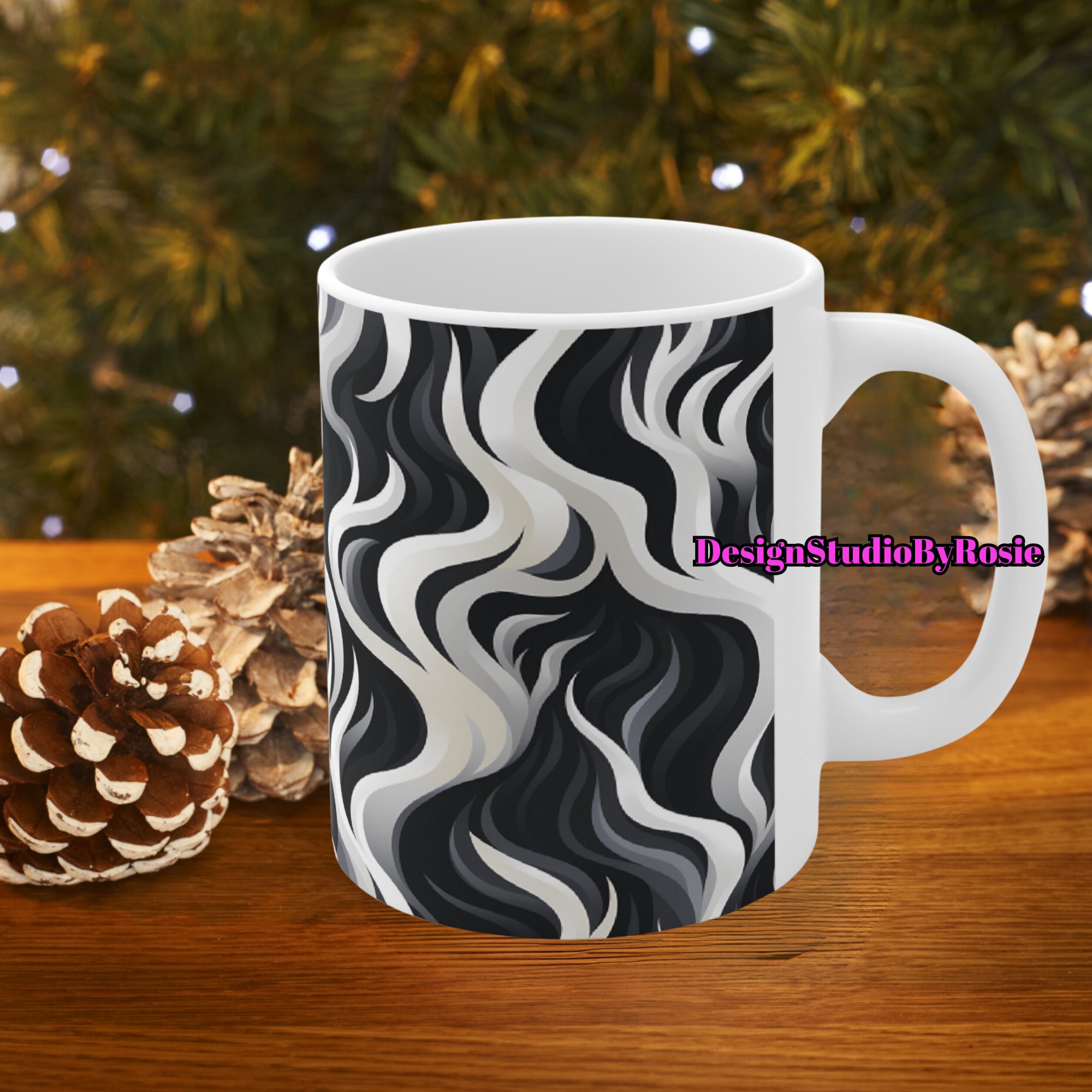 Black and White Wave Swirl Mug Design, 11oz 15oz Mug Wrap Template ...