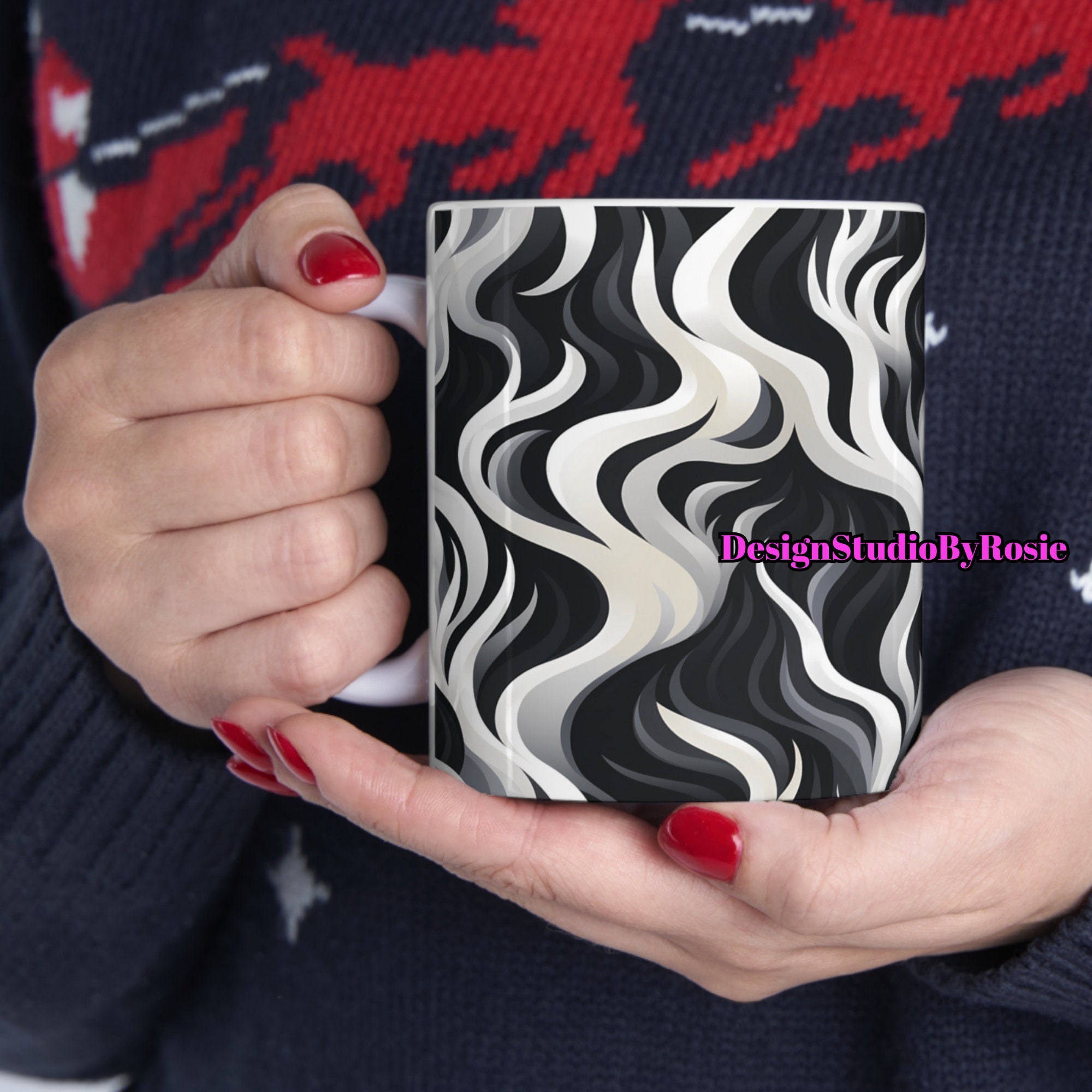 Black and White Wave Swirl Mug Design, 11oz 15oz Mug Wrap Template ...