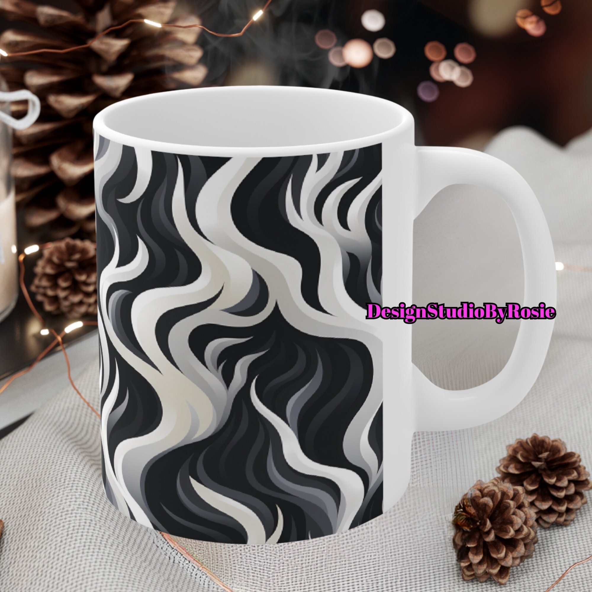 Black and White Wave Swirl Mug Design, 11oz 15oz Mug Wrap Template ...
