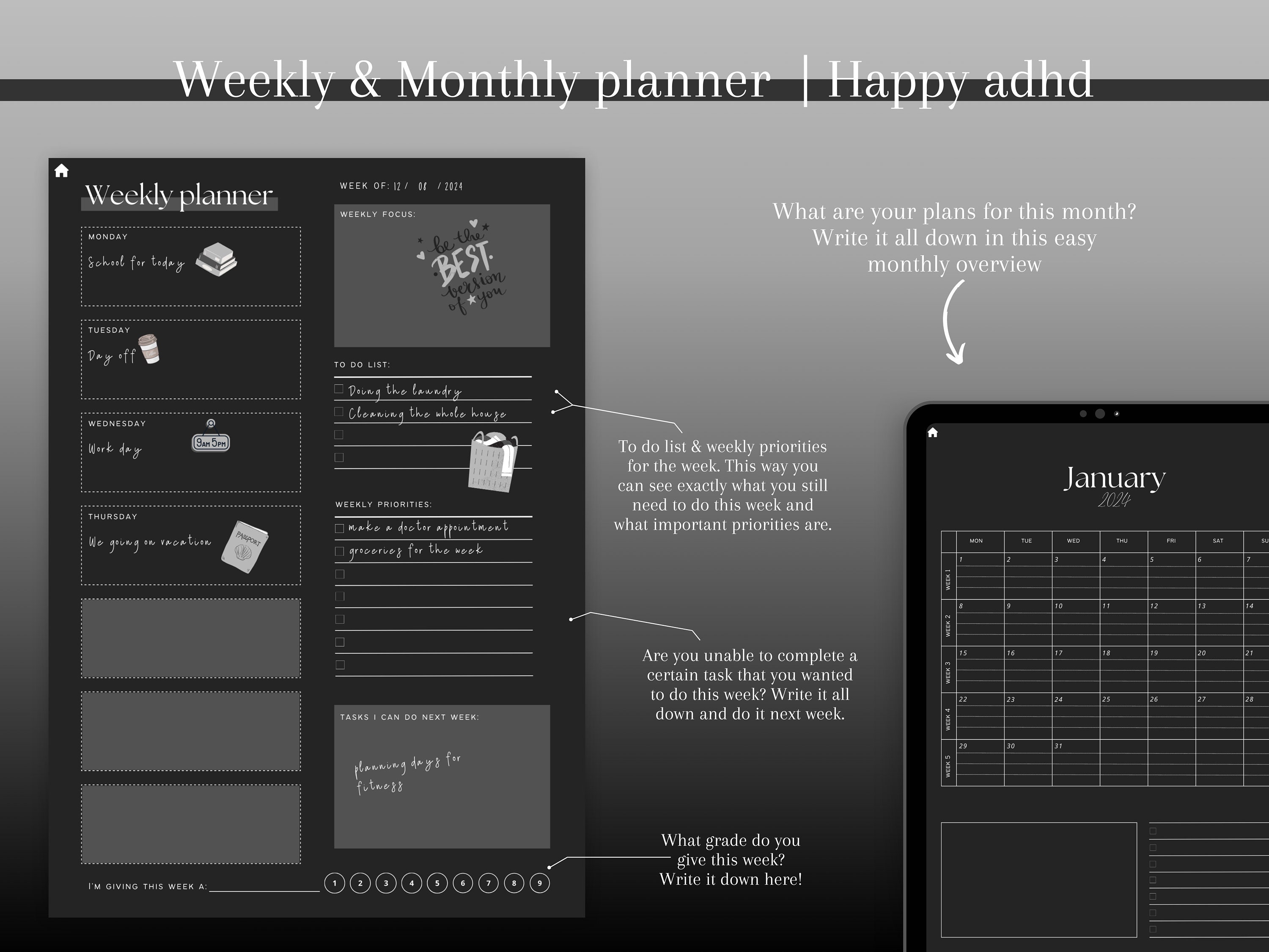 Dark Mode Digital Planner, Dark Mode Digital Budget Planner, 2024 ...