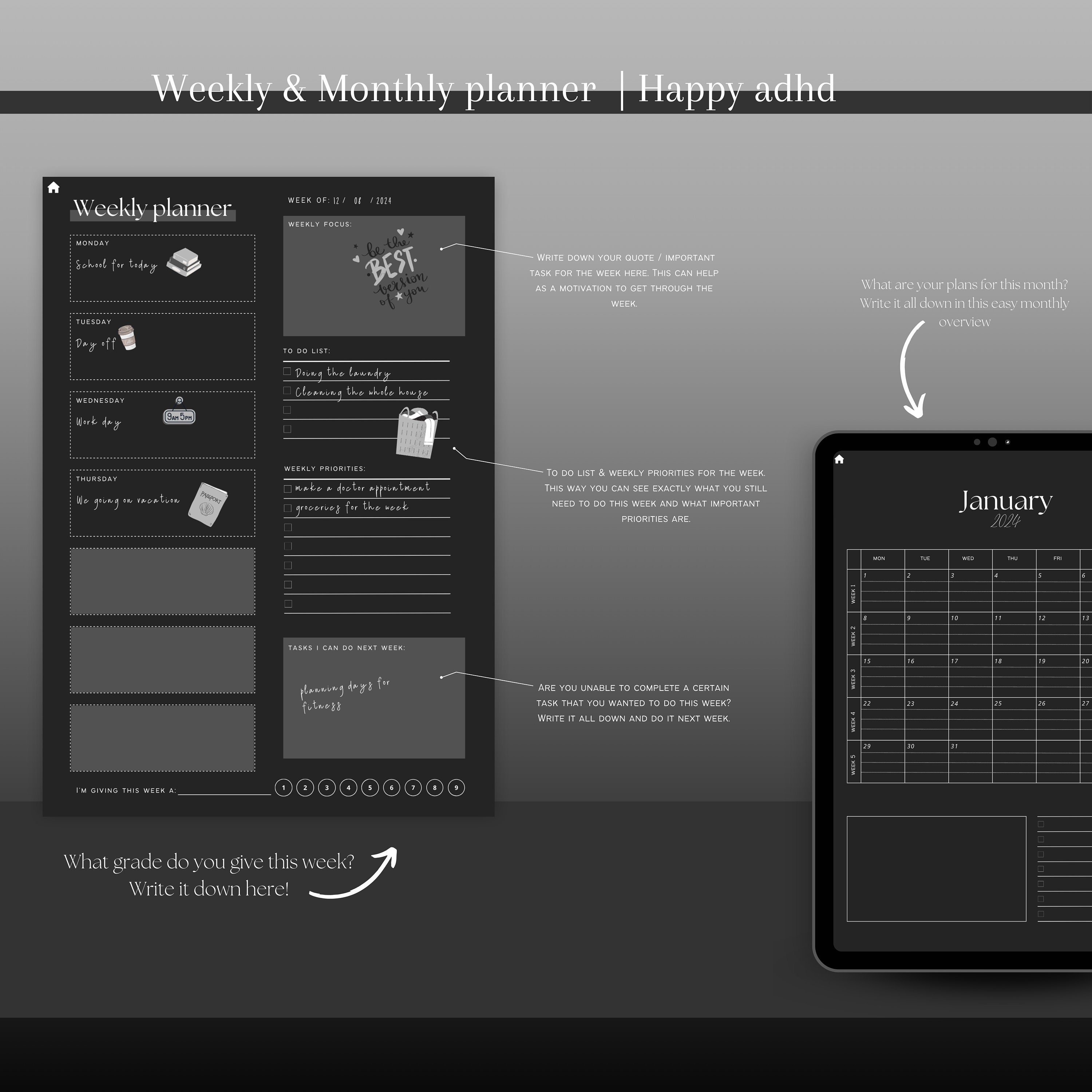 Dark Mode Digital Planner, Dark Mode Digital Budget Planner, 2024 ...