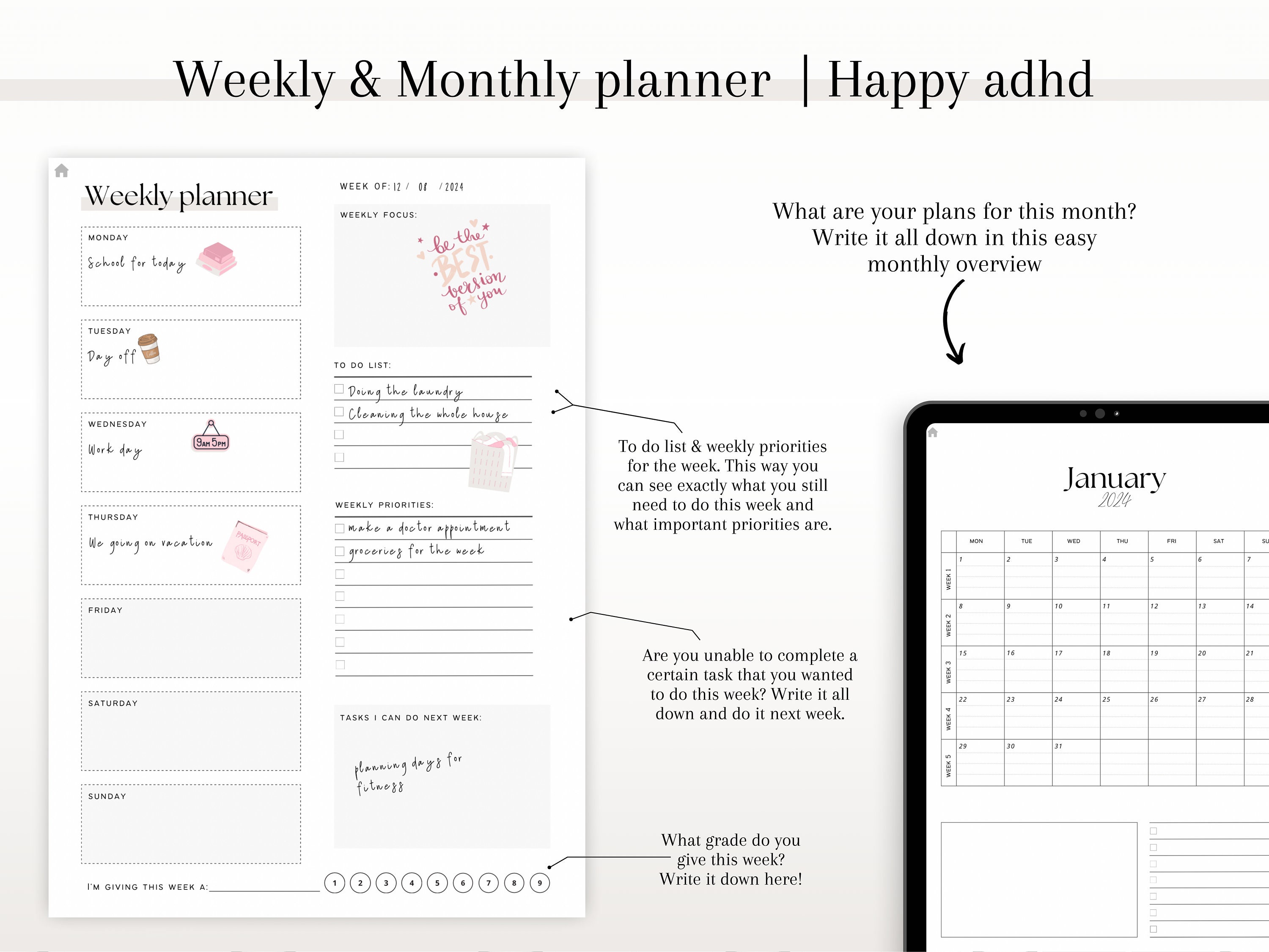 ADHD Planner 2024, Adhd Adult Planner, Adhd Planner Ipad, Adhd Notion ...