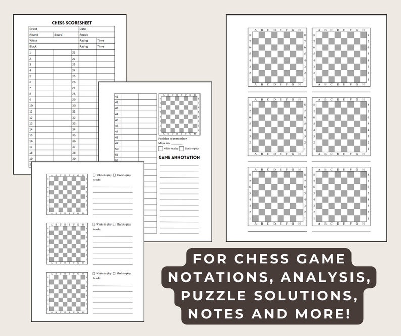 Digital Download Printable Chess Score Sheet With FREE Blank Diagrams ...