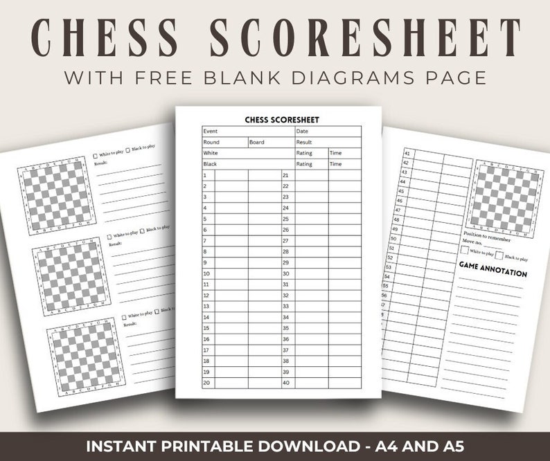 Digital Download Printable Chess Score Sheet With FREE Blank Diagrams ...