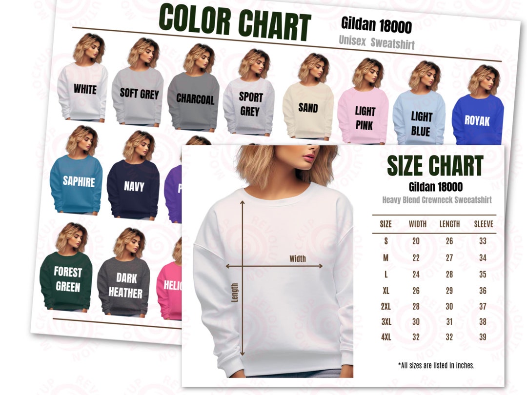 Gildan 18000 Color Chart Size Chart Bundle Unisex Crewneck Sweatshirt ...