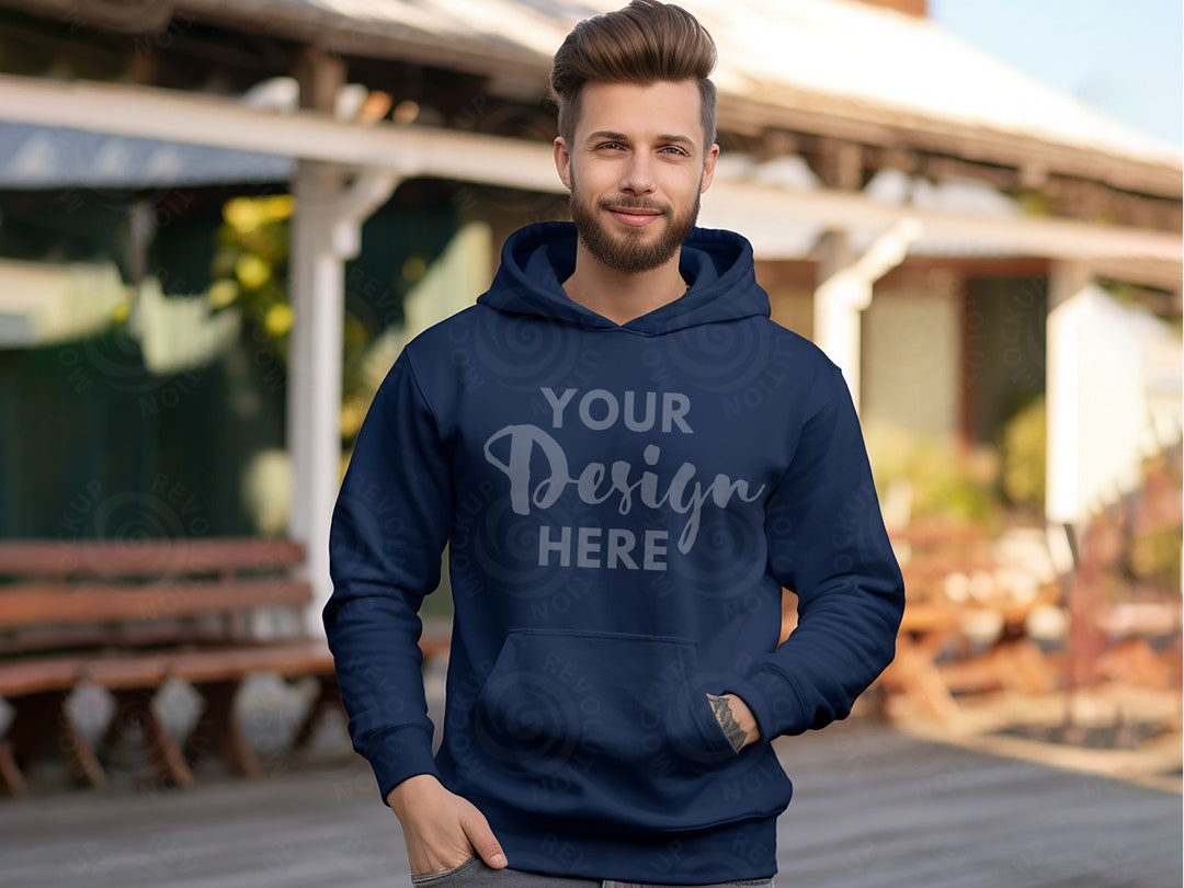Gildan 18500 Navy Hoodie Mockup Mens Model Mockup 18500 Gildan Navy ...