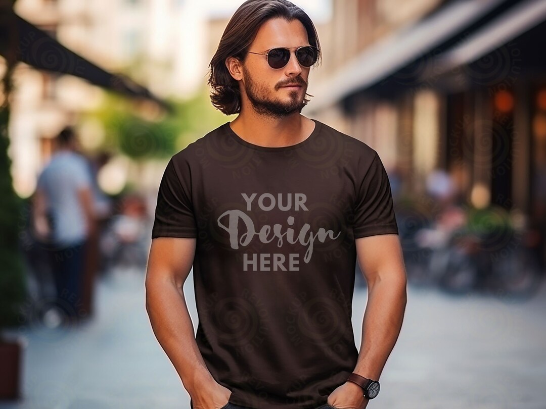 Gildan 64000 Male Mockup Dark Chocolate Tshirt Mockup 64000 Mens Model ...