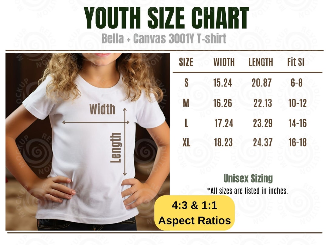 Bella Canvas 3001Y Size Chart Unisex Kids T-shirt White Bella and ...