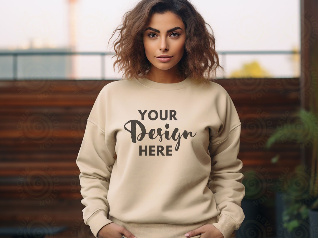 Gildan 18000 Mockup Gildan Sand Sweatshirt Mockup Fall Sweatshirt Model ...