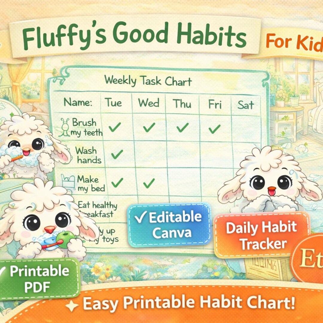 Kids Daily Habit Tracker | Fluffy's Chart, Editable Canva (printable ...