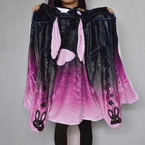 Fluffy Pastel Goth Pink Bunny Ears Jacket, Yami Kawaii Harajuku Rabbit Hoodie W/ Wings, Creepy ...