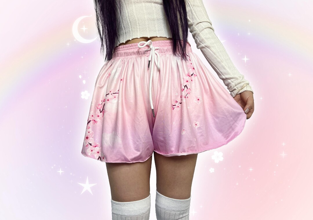 Yume Kawaii Pink Sakura Skorts, Starry Harajuku Cherry Blossom Shorts W ...